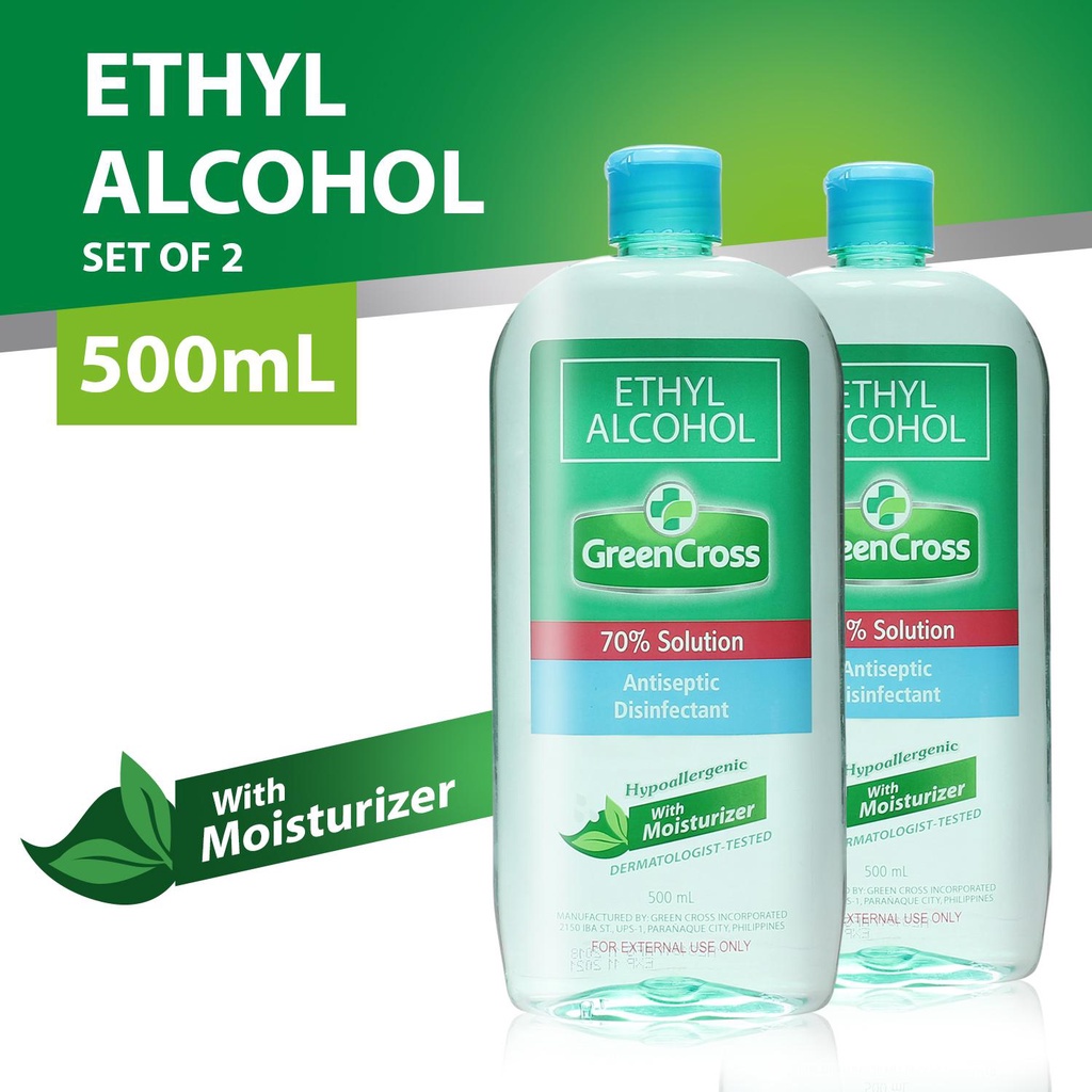 Green Cross Ethyl Alcohol with Moisturizer 70% Solution (500 mL) Set of 2 | Shopee Philippines