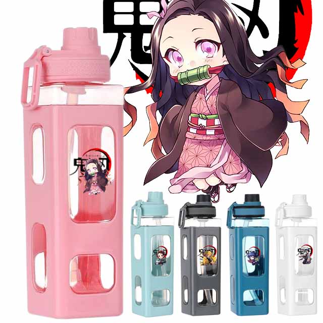 Anime Demon Slayer Water Bottle With Straw Handle Large Capacity Square ...