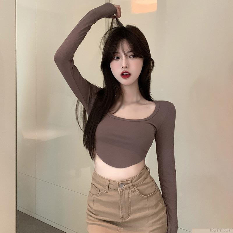 Women Fashion Crop Tops Irregular Korean Tops Long Sleeve Solid Color T ...