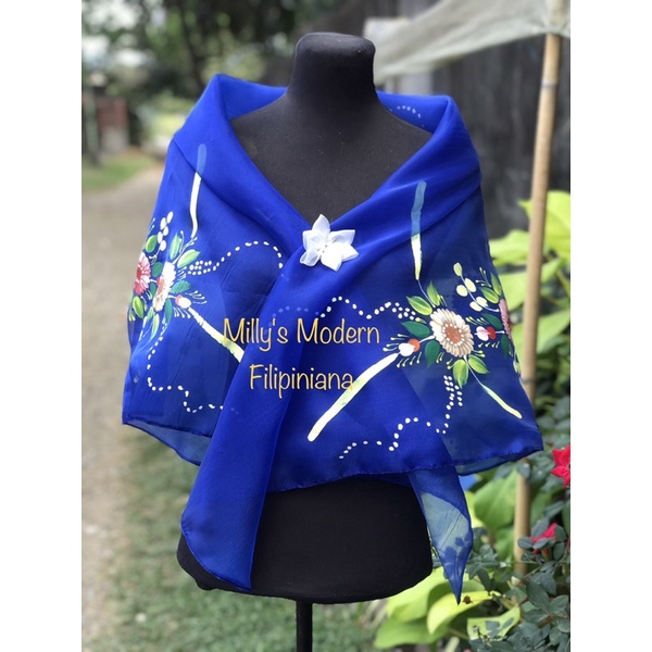 Lady Shawl Modern Filipiniana hand painted panuelo/royal blue | Shopee ...