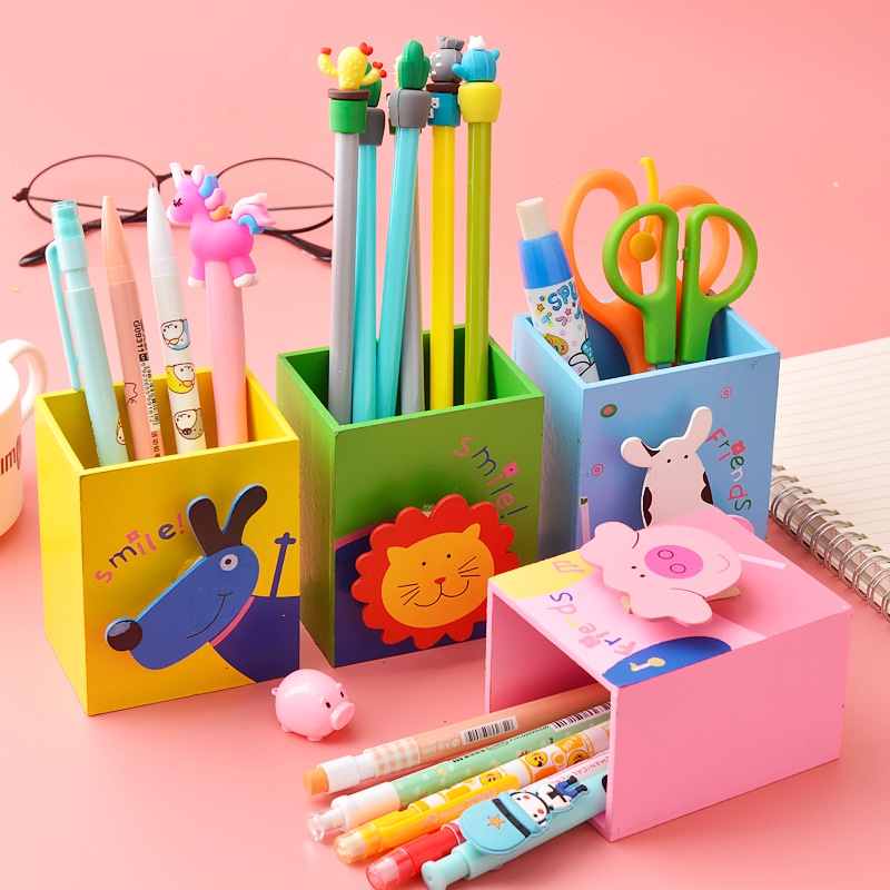 Cute Children Stationery Pencil Vase Animal Pen Holder Wood Box Pen ...
