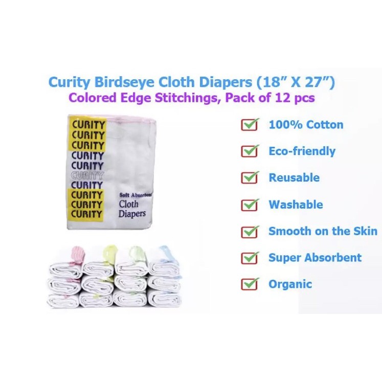 Curity Organic Cloth Birdseye Diaper 12 pcs.(size 18" x 27",Colored ...