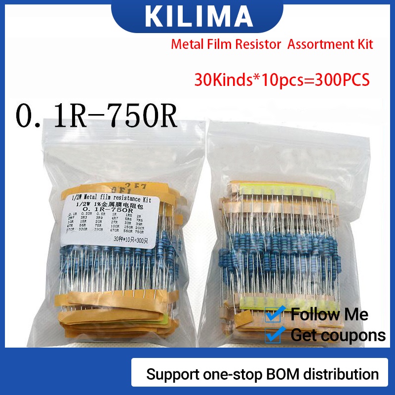 300Pcs 1-750 Ohm 1/2w Resistor Assortment Kit Set 1% Metal Film ...