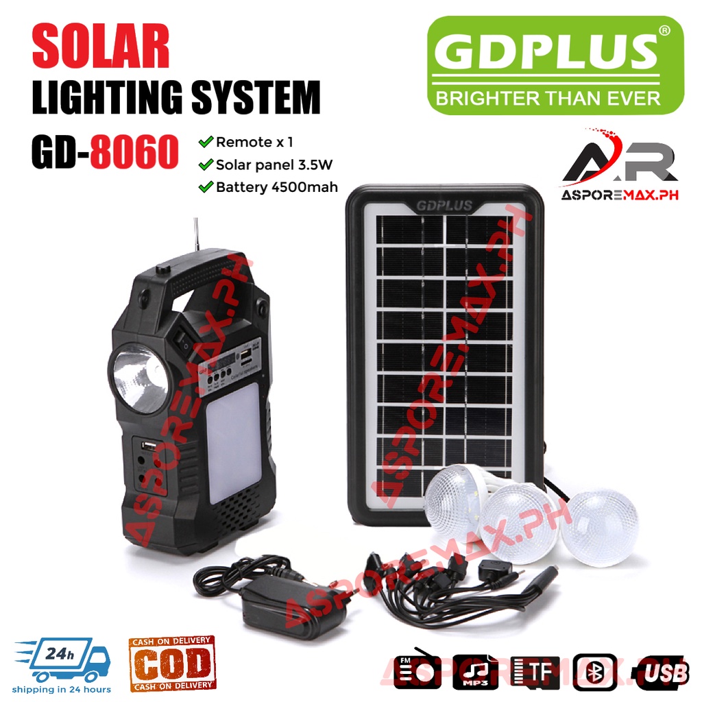 GDPLUS GD-8060 Solar lighting system with Bluetooth FM MP3 Media and 3 ...