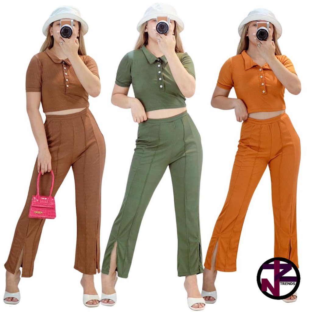 NZT Siran Button-Up Collar Knitted Crop Top and Flare Pants Terno Set ...