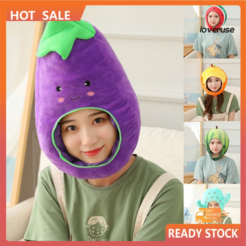 WOWJ_ Cactus Eggplant Watermelon Sunflower Soft Plush Doll Headgear Hat ...