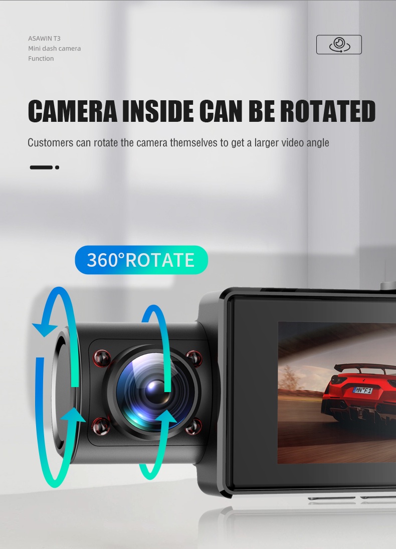 Asawin T3 3 Channels Dash Cam 3 Ways Car Camera Front And Rear Inside 3 ...