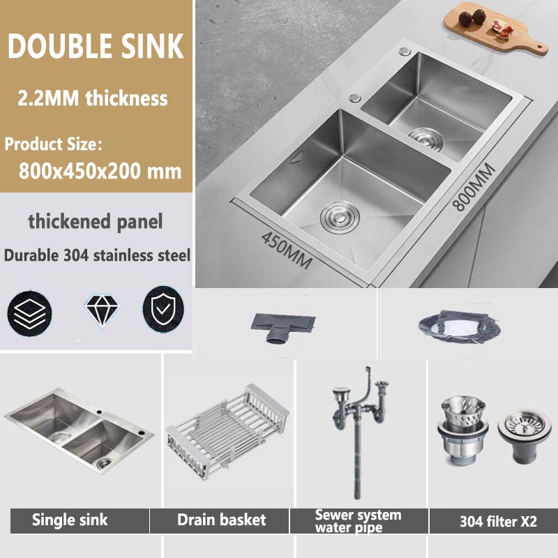 Stainless Steel Sink 2.2mm Thick Premium Kitchen Sink (Thickened 304 ...