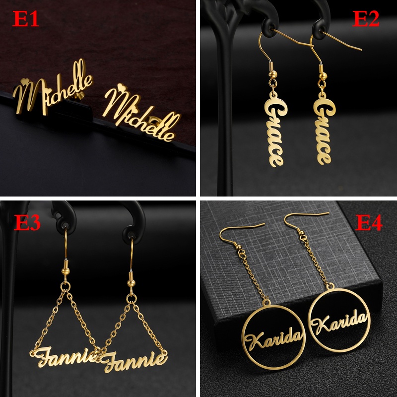 Stainless Steel Custom Name Earrings for Women Customize Initial Cursive Nameplate Stud Earring ...