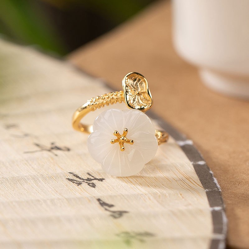 New S925 Hetian Jade Sakura Ring White Jade Ring Open Sakura Lotus Leaf ...