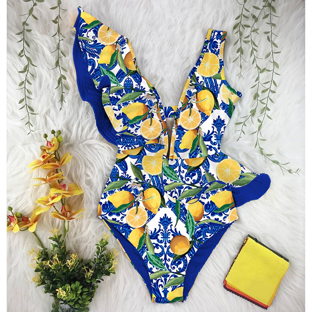 One Piece Swimsuit 2022 Print Swimwear Women V-Neck Belt Monokini Sexy ...