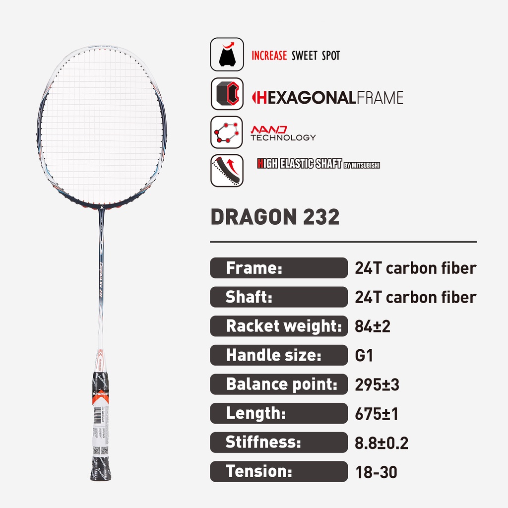 Kawasaki Sports Badminton Racket Dragon 232 & 222 Full Carbon Fiber ...