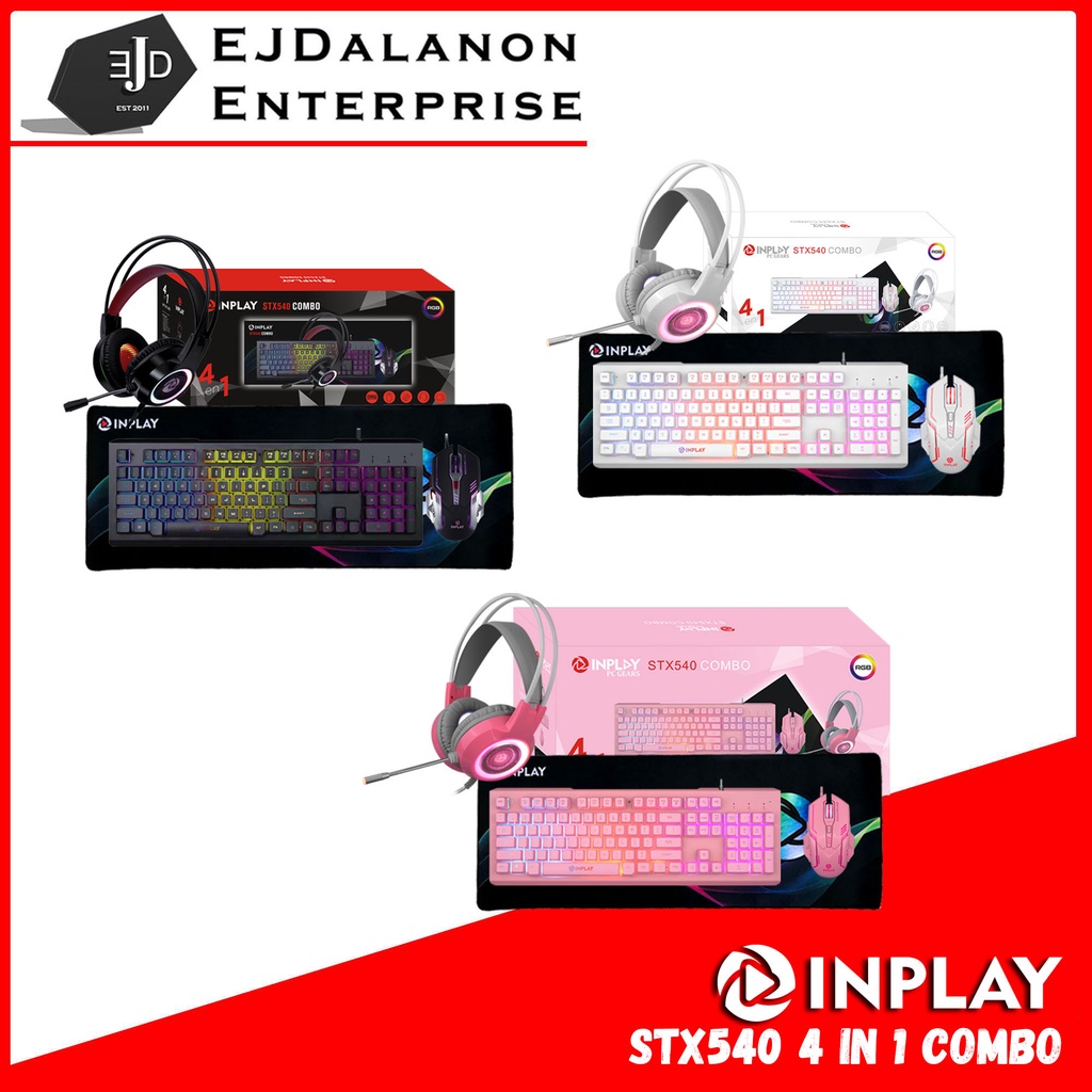 INPLAY Stx540 Black/ Pink / White 4 In 1 One Combo Headset Keyboard ...