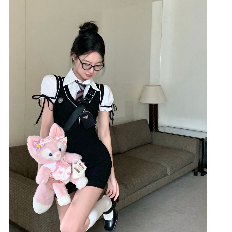 Korean Style Preppy Campus Fake Two-Piece Dress Female Summer New Suit ...