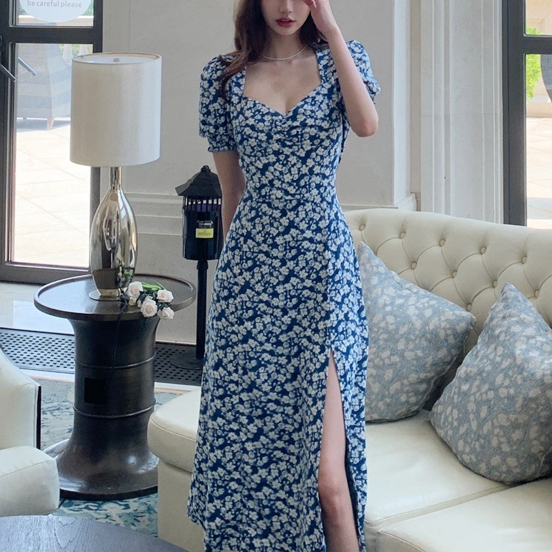French Dress Blue maxi dress for women center slit style floral chiffon ...