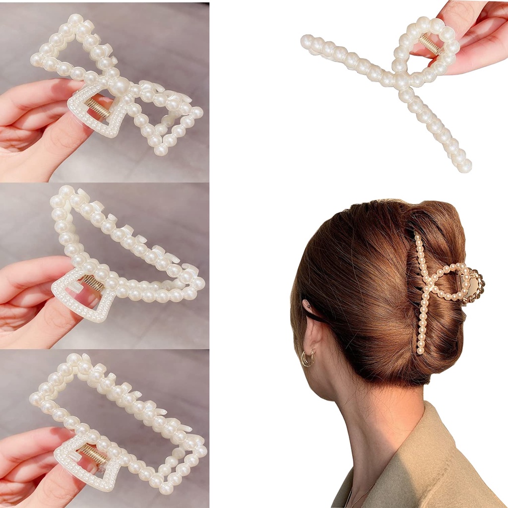 Large Pearl Hair Claw Clips - White Pearl Claw Hair Clips Thick Long ...