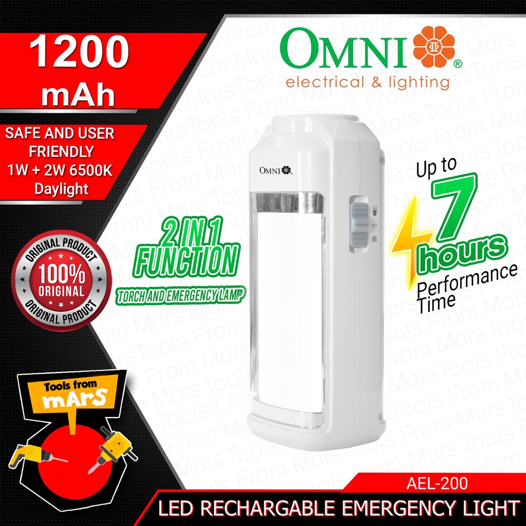 OMNI LED Rechargeable Emergency Light 2 in 1 Function AEL-200 AEL200 •TOOLS FROM MARS• | Shopee ...