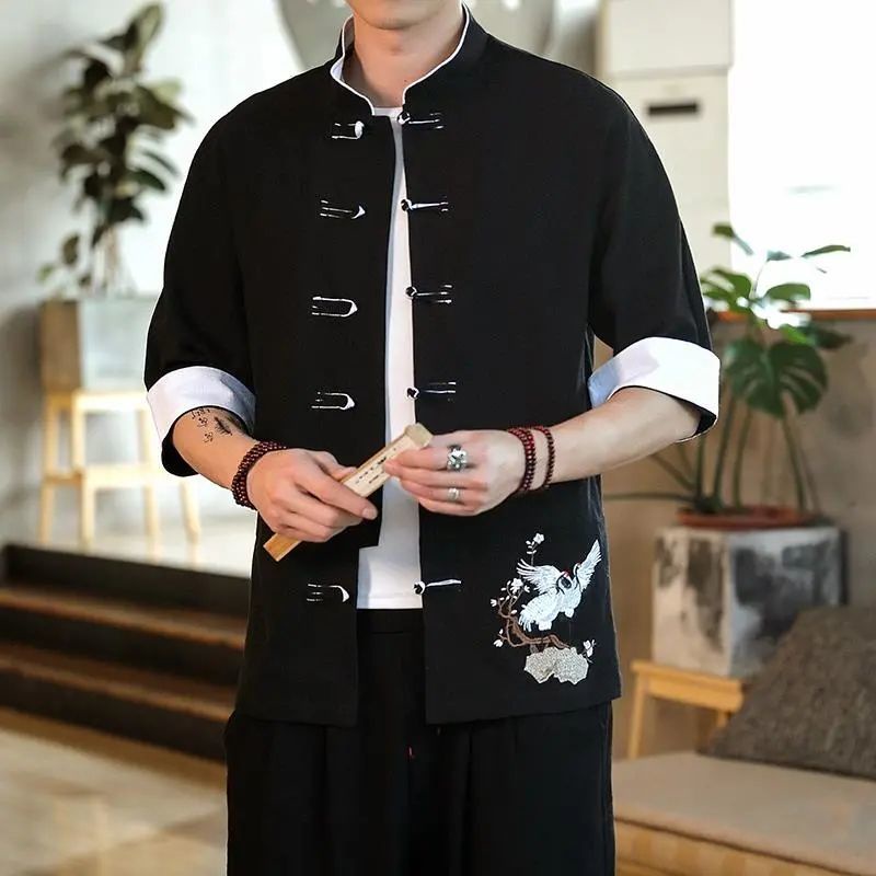 Chinese Style Summer Men's Buckle Half Sleeve Tang Suit Men's Youth ...
