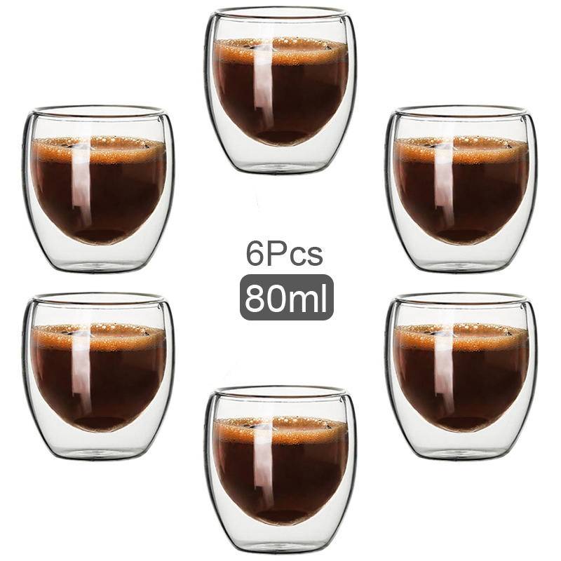 Pack of 6 pcs 80ml Double Wall Glass Latte Cappuccino Espresso Coffee ...