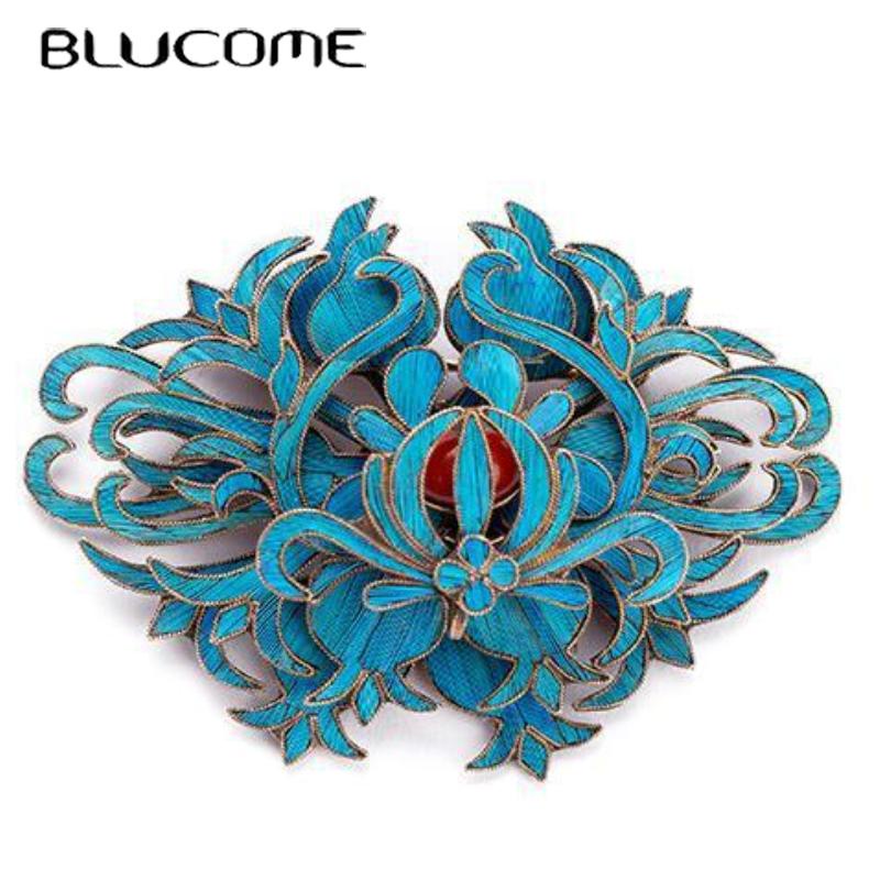 Blucome Handmade Filigree Inlaid Diancui Craft Peony for Brooch Women ...