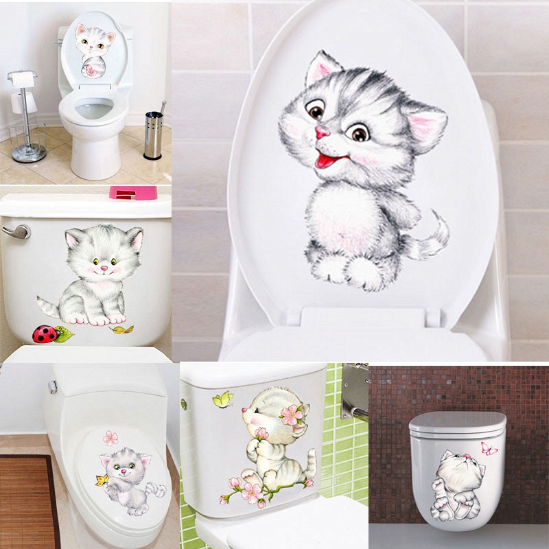 Cute Baby Cat Toilet Stickers For Washroom Home Decoration Diy Cartoon ...
