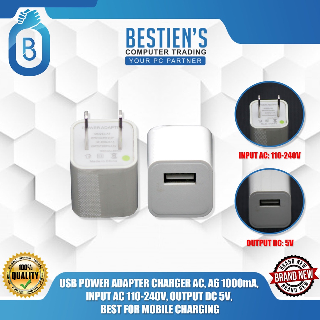 USB POWER ADAPTER CHARGER AC, A6 1000mA , INPUT AC 110-240V, OUTPUT DC ...