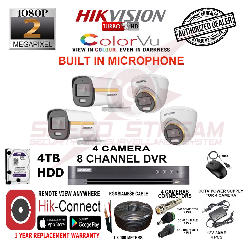 Hikvision Colorvu 2MP 4 Camera with Audio 8 Channel DVR 4TB HDD RG6 ...