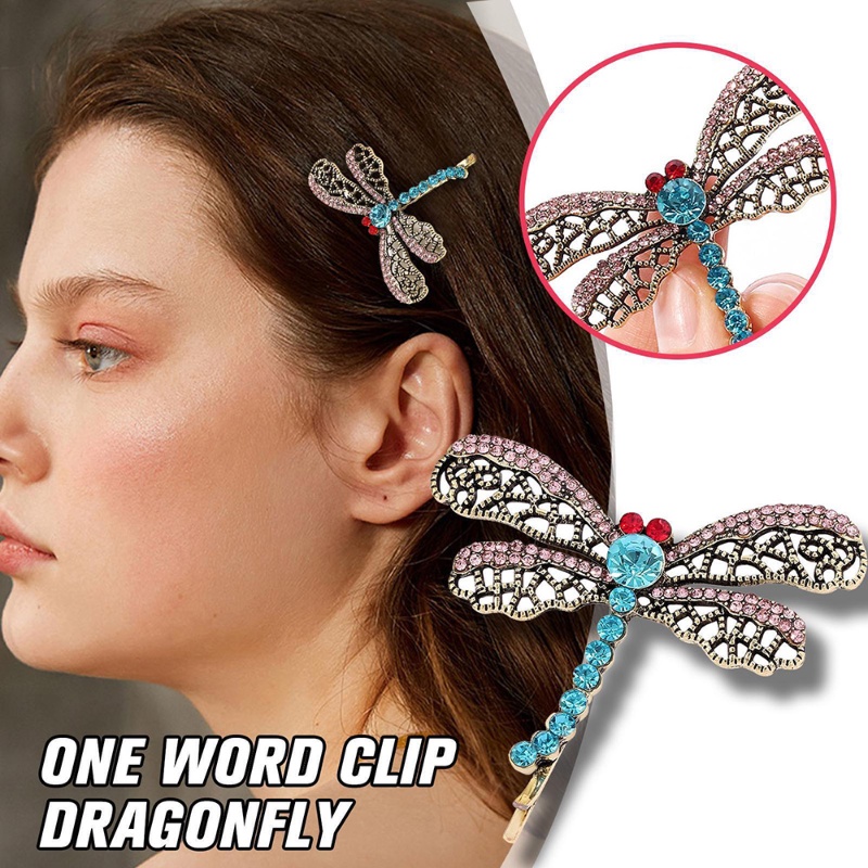 Vintage Crystal Dragonfly Hair Clip Hollow Contrast Color Rhinestone