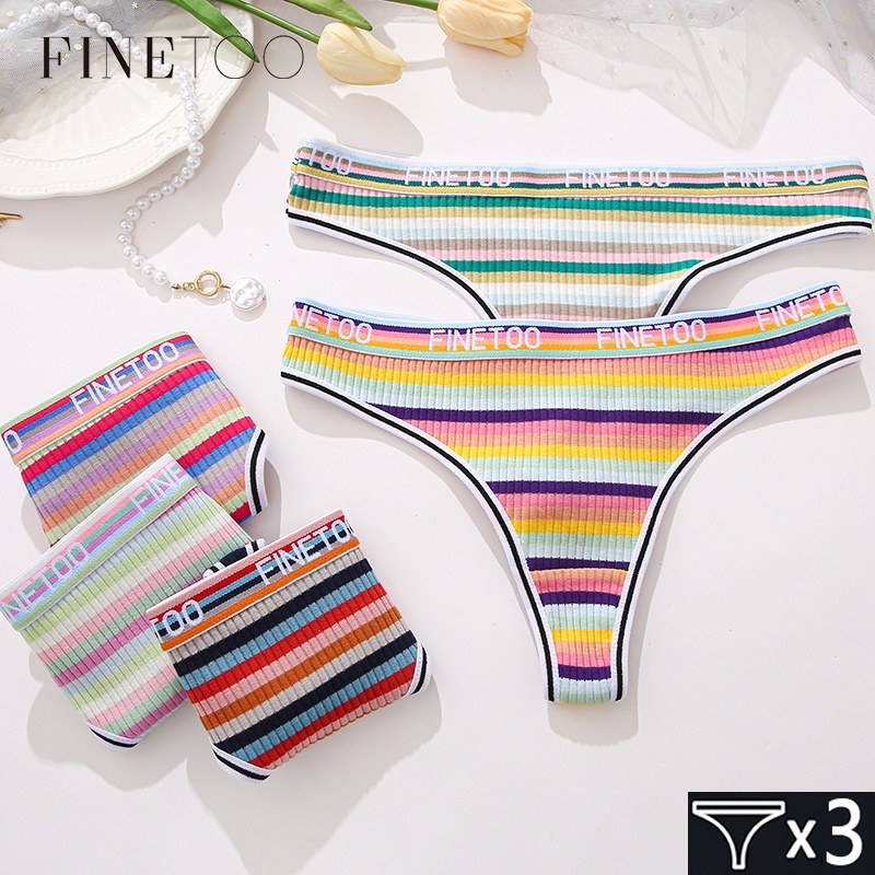Finetoo 3 Pcs/Set Colorful Striped Cotton Women G-String Underwear ...