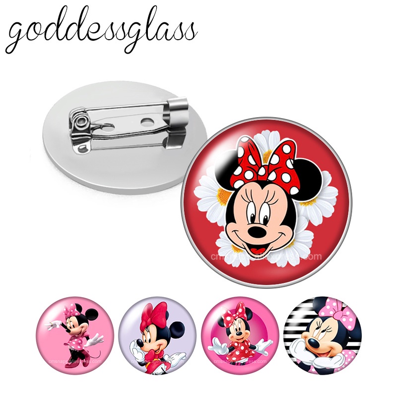 Disney Cute Minnie mouse Round Glass cabochon Silver color Brooch Dome ...