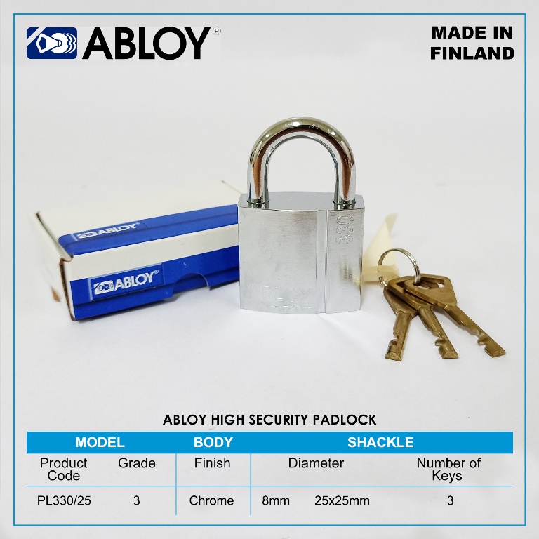 Abloy Padlock PL 330C/25 Original Made In Finland 48mm Chrome Plated ...
