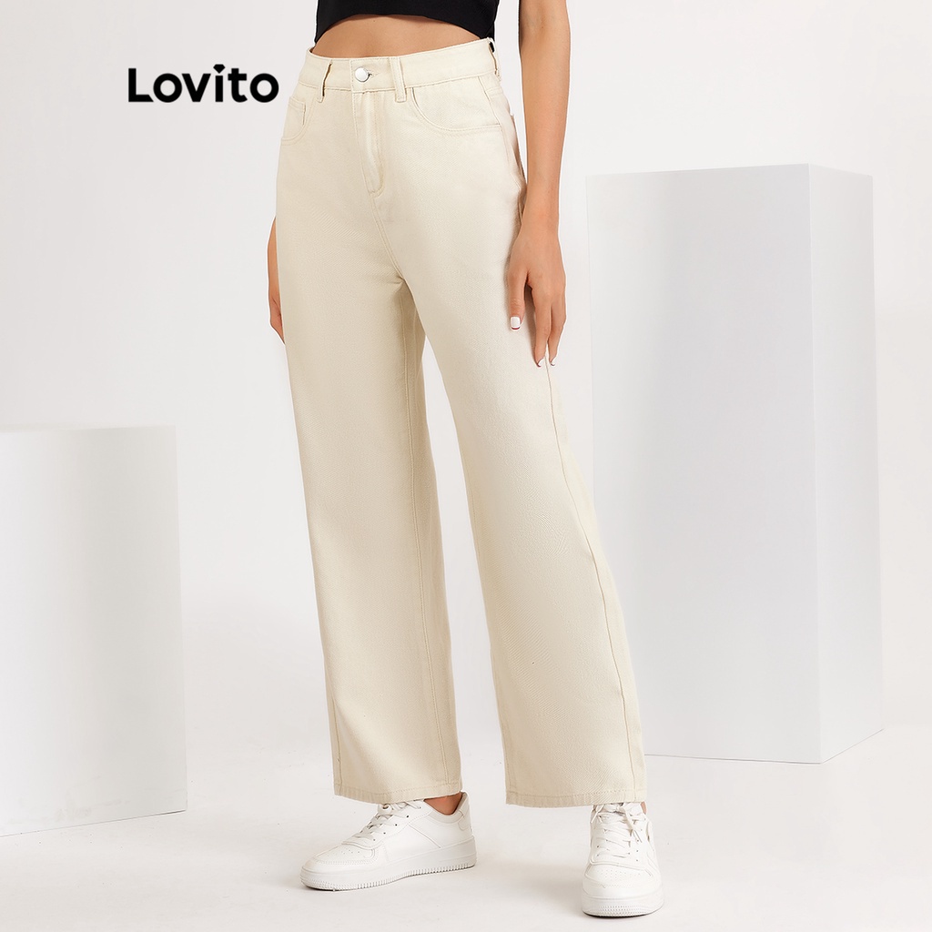 (KOL's pick) Lovito Casual Plain Spiked Pockets High Waist Jeans Wide ...