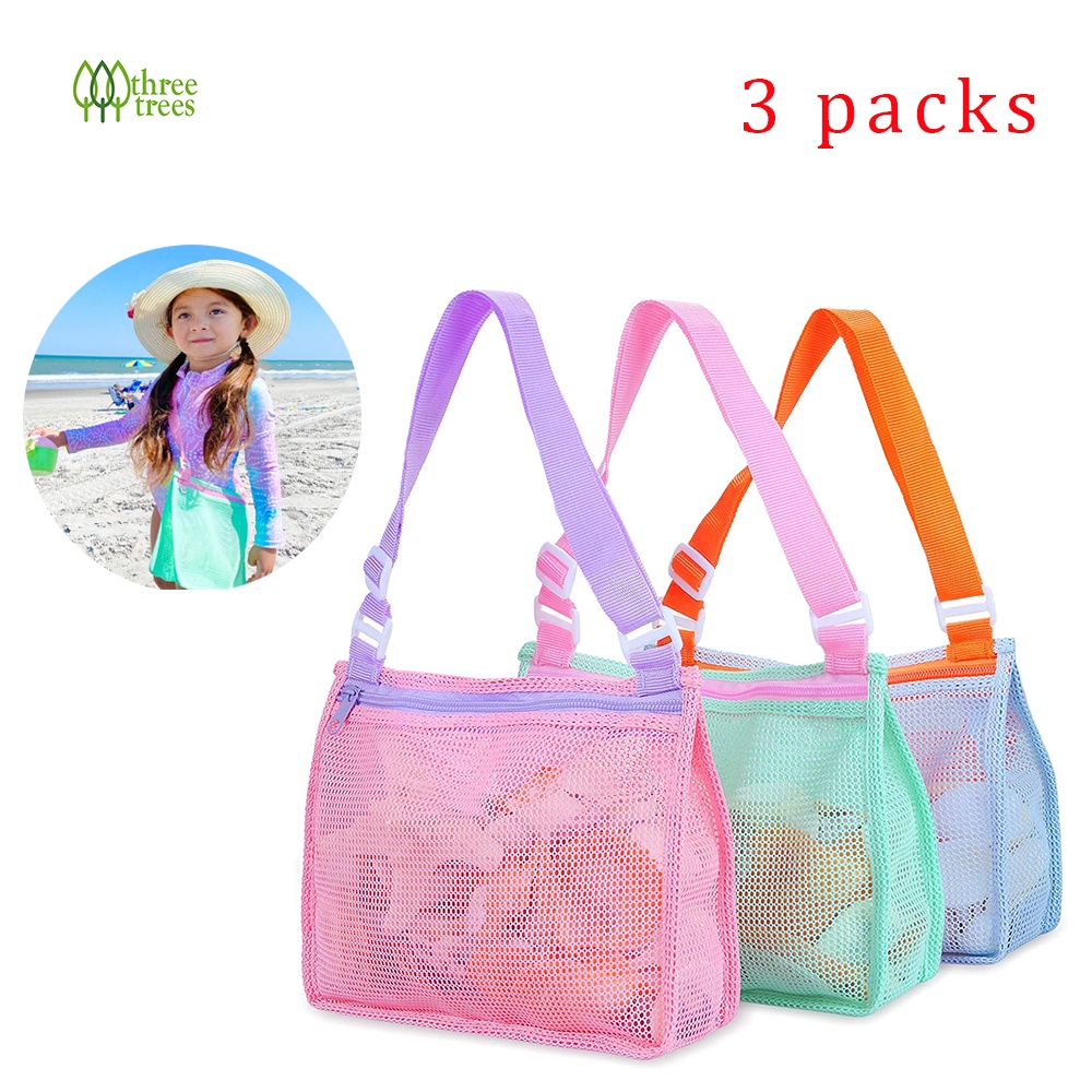 3 Packs Beach Toy Mesh Bag Kids Shell Collecting Bag Beach Sand Toy ...