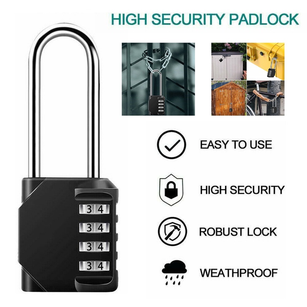 Waterproof Padlock With Extra Long Shackle Loop 4 Digit Combination ...