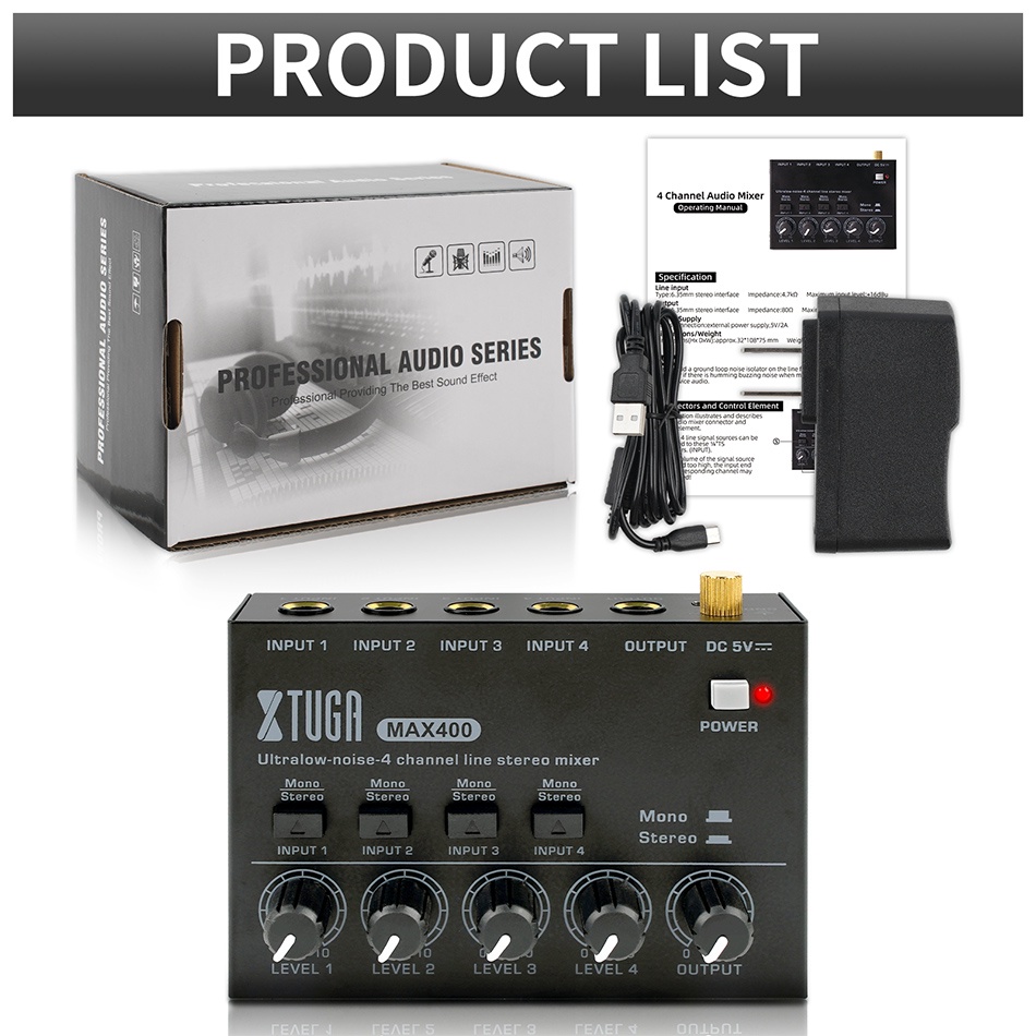 XTUGA MAX400 Ultra Low Noise 4 Channel Line Stereo Mixer 4 Input 1 ...