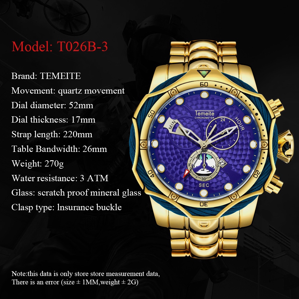 TEMEITE top Luxury Men's Watch Steel Band Quartz Classic Waterproof ...
