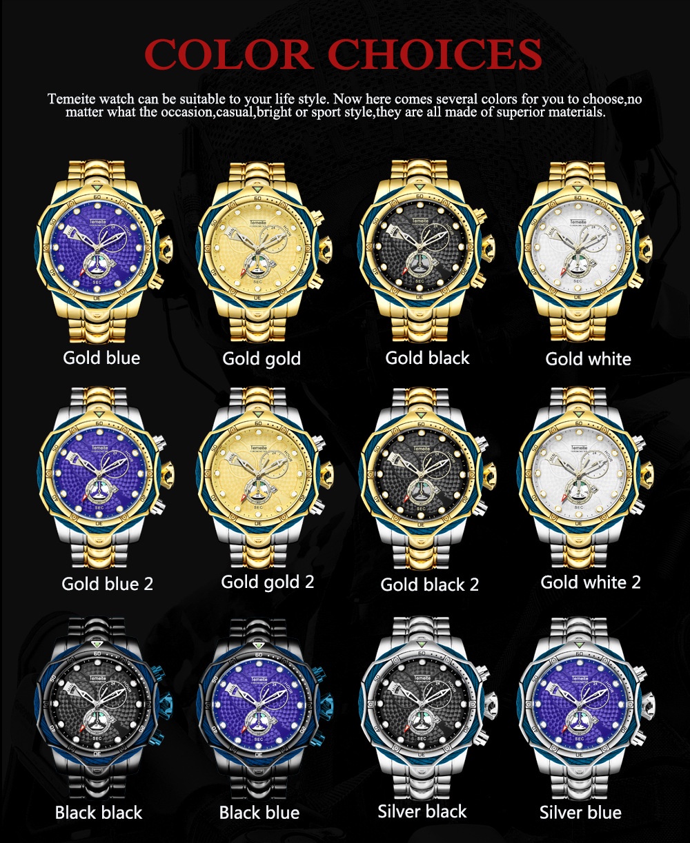 TEMEITE top Luxury Men's Watch Steel Band Quartz Classic Waterproof ...