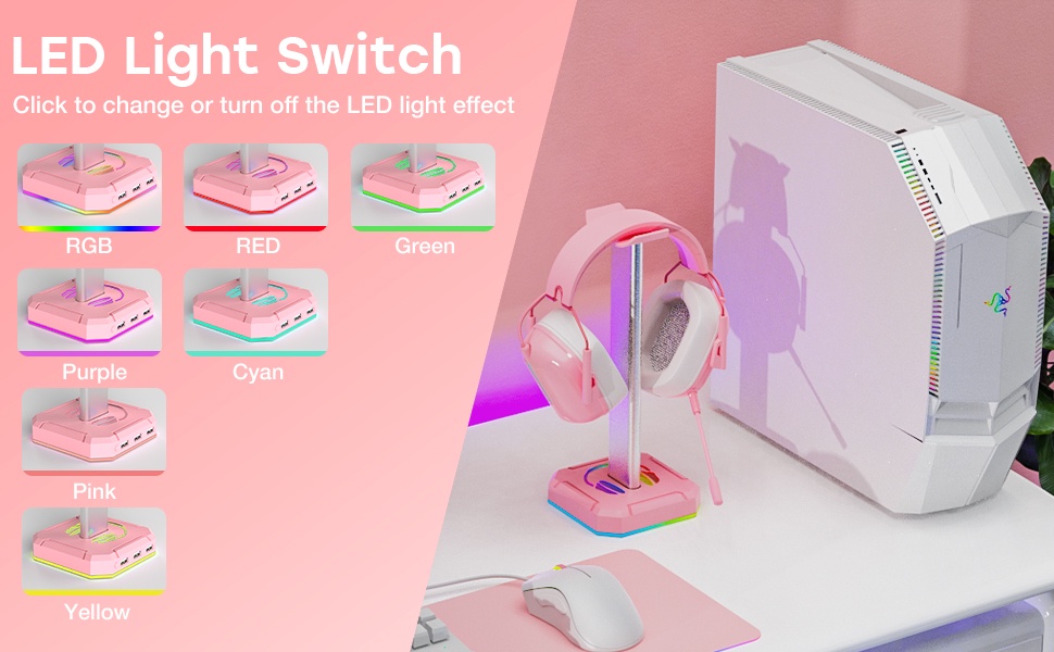 Pink Headphone Stand RGB Lights Gaming Headset holder with Three USB ...