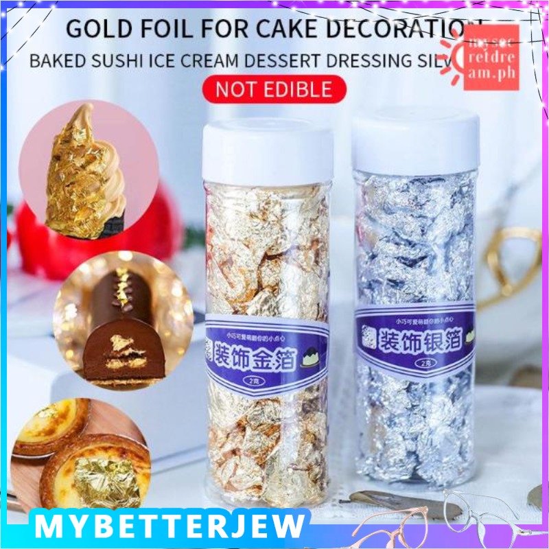 2g Edible Grade Genuine Gold Leaf Schabin Flakes Silver Foil For Decorative Dishes Chef Art Cake ...