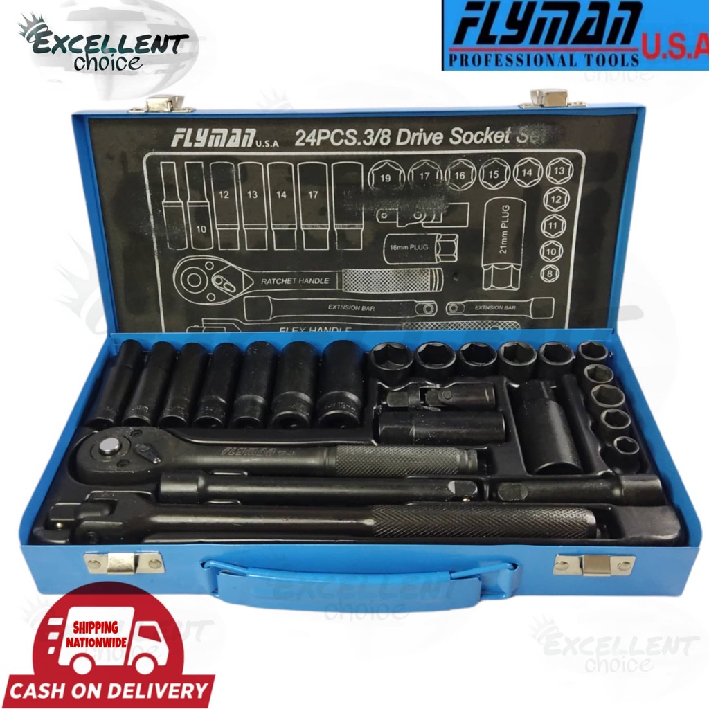 Flyman USA 24 Pcs. 3/8 Drive Socket Wrench Set 6 Point (Hex Type) | Shopee Philippines