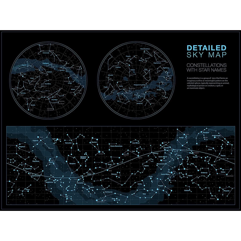 Higly Detailed Sky Map Poster Constellations with Star Names Wall Art ...