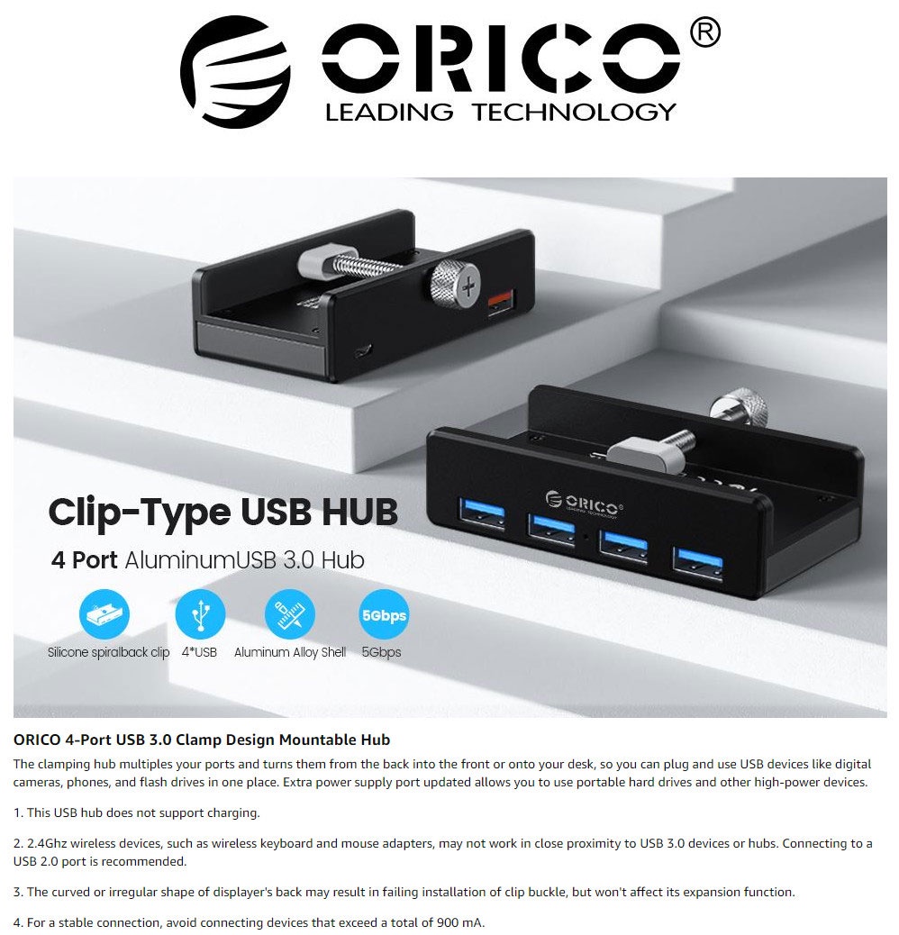 ORICO USB Hub Aluminum 4 Ports USB 3.0 Clip-type HUB For Desktop Laptop ...
