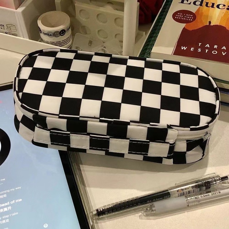 Double Layer Large Capacity Black&white Checkerboard Pencil Case Multi ...