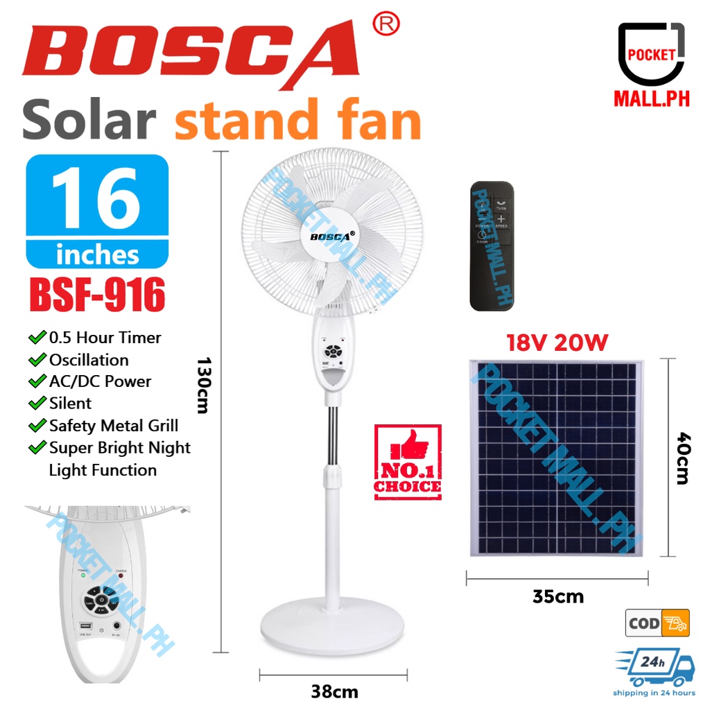 BOSCA Solar Recahrgeable Fan Stand Fan with night light and remote ...