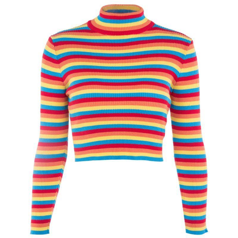 Womens Autumn Long Sleeve Turtleneck Sweater Colorful Rainbow Stripes