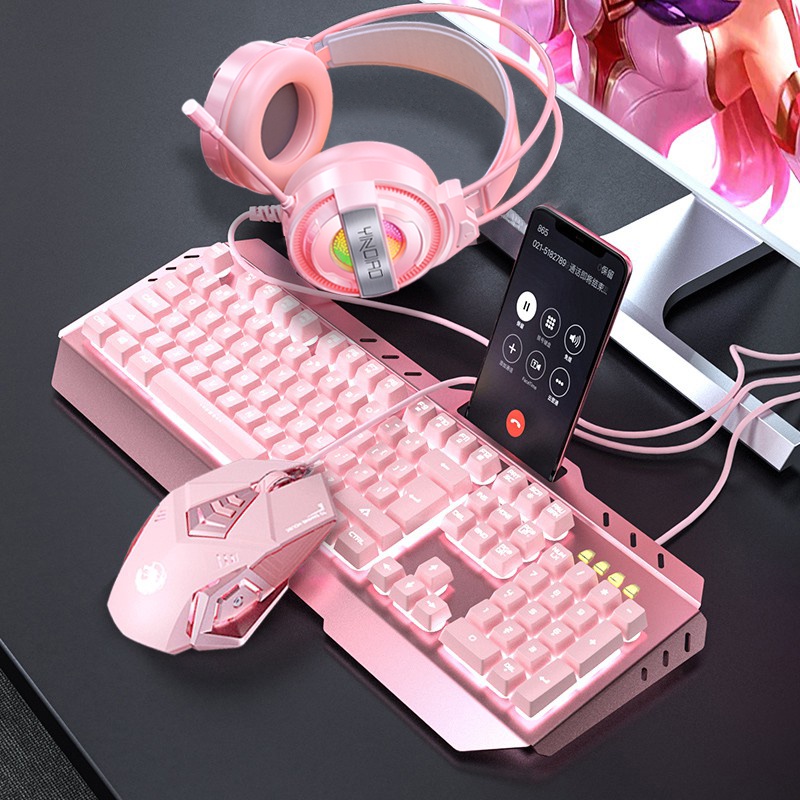 Gaming Keyboard And mouse full set Mechanical Feel Pink Girl Cute LED ...