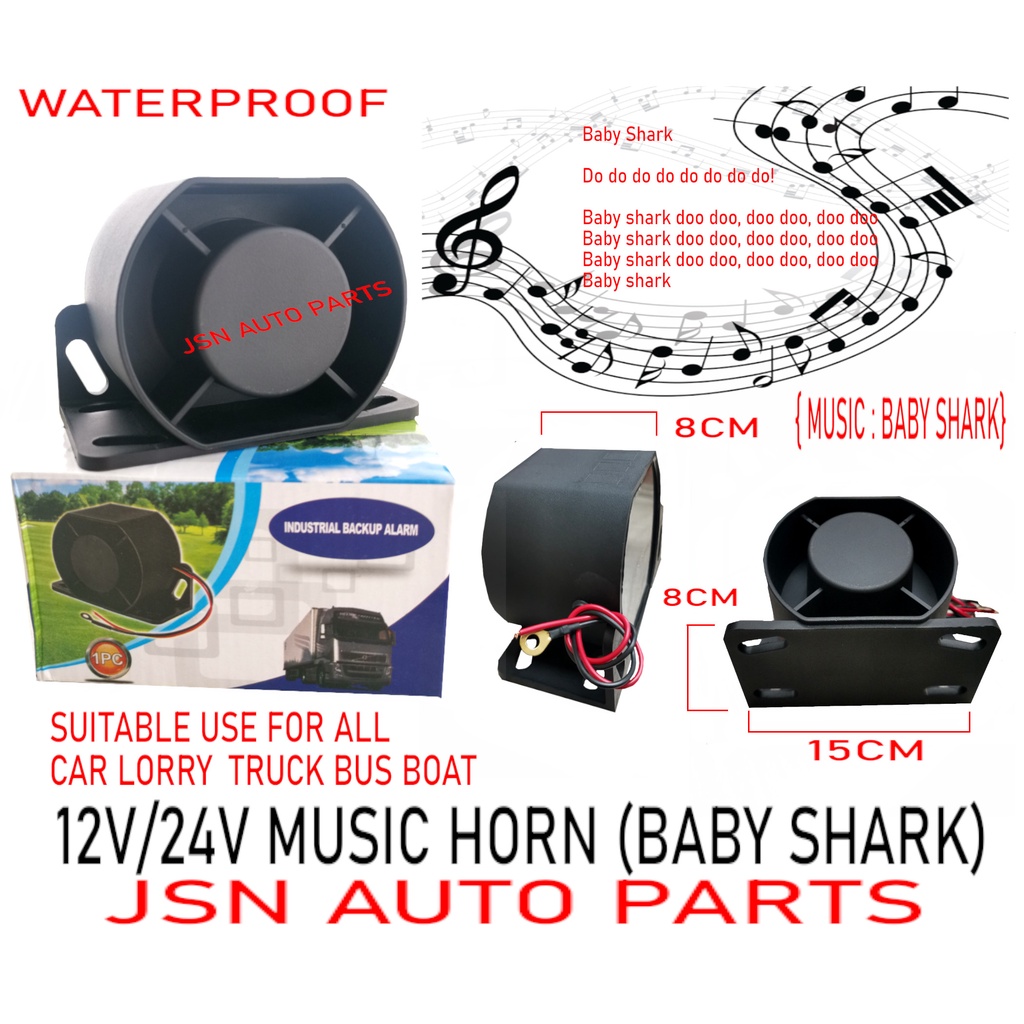 MUSIC HORN 12V/24V WATERPROOF (BABY SHARK) LORRY TRUCK CAR BUS AKSESORI BUZZER REVERSE HORN ...