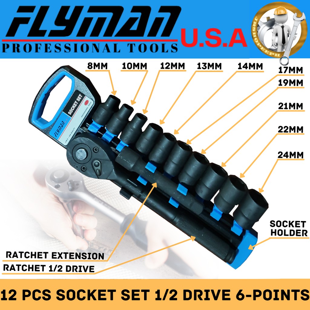Jrshopeeph Flyman 12Pcs Socket Set 8Mm-24Mm 1/2 Drive 6Points Original ...