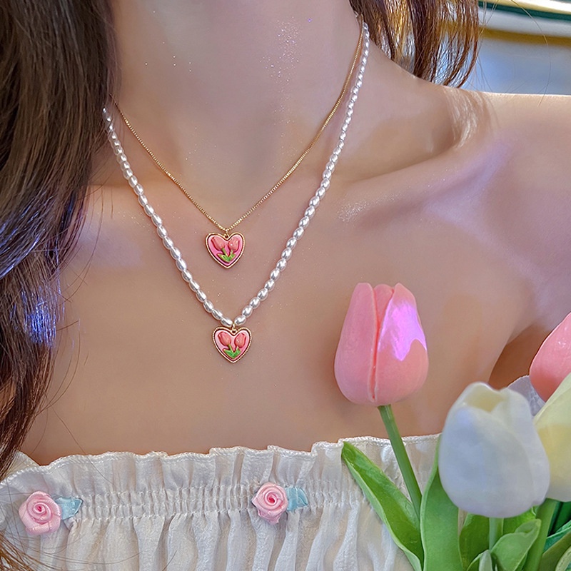 Love Tulip Pendant Necklace Freshwater Pearl Pink Flower Necklace ...