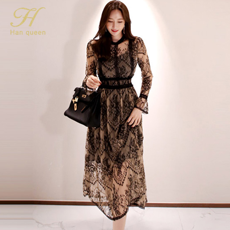 H Han Queen Hollow Out Patchwork Bottoming Lace Dress Women Autumn New ...
